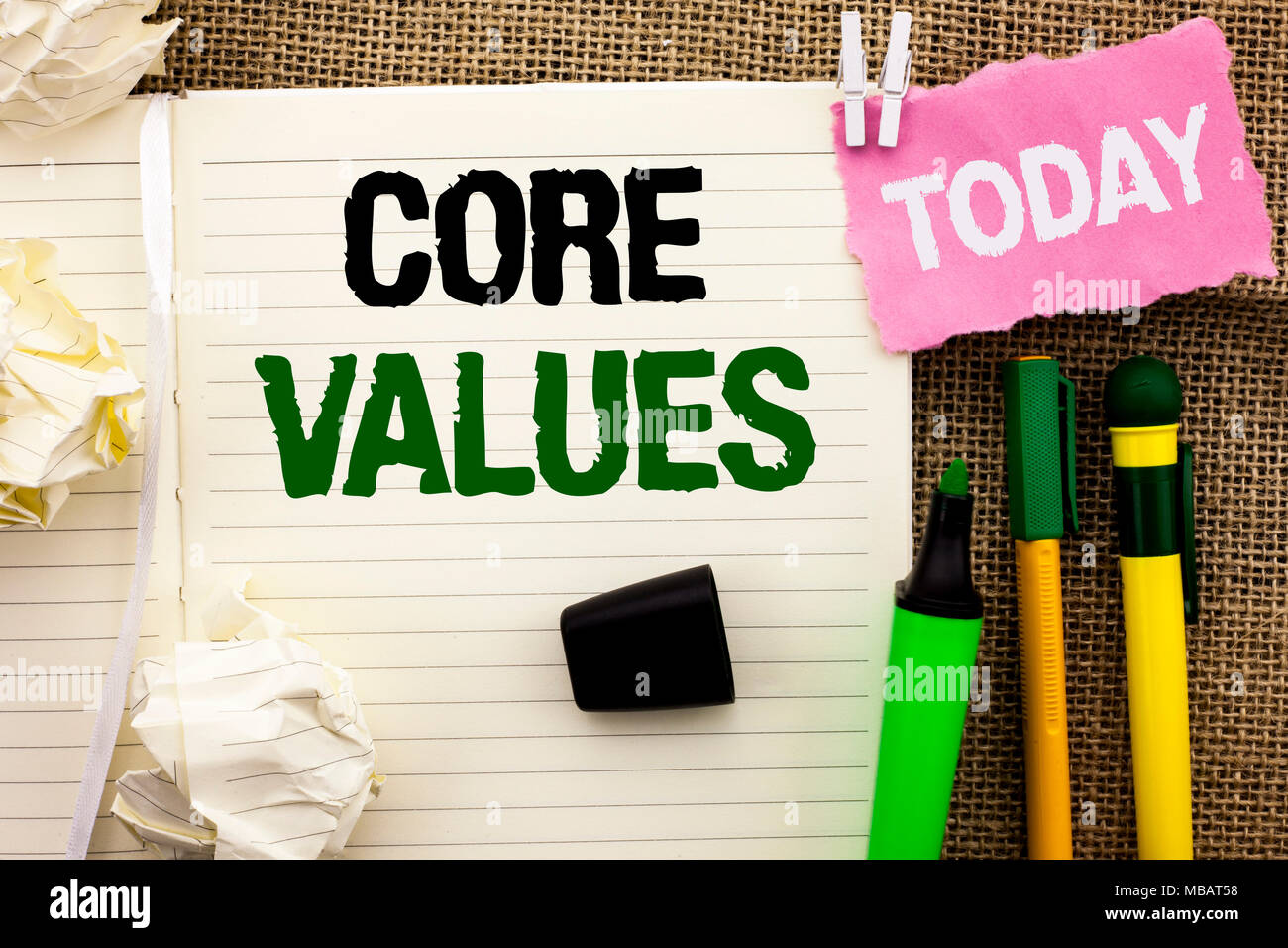 Writing note showing Core Values. Business photo showcasing Principles ...