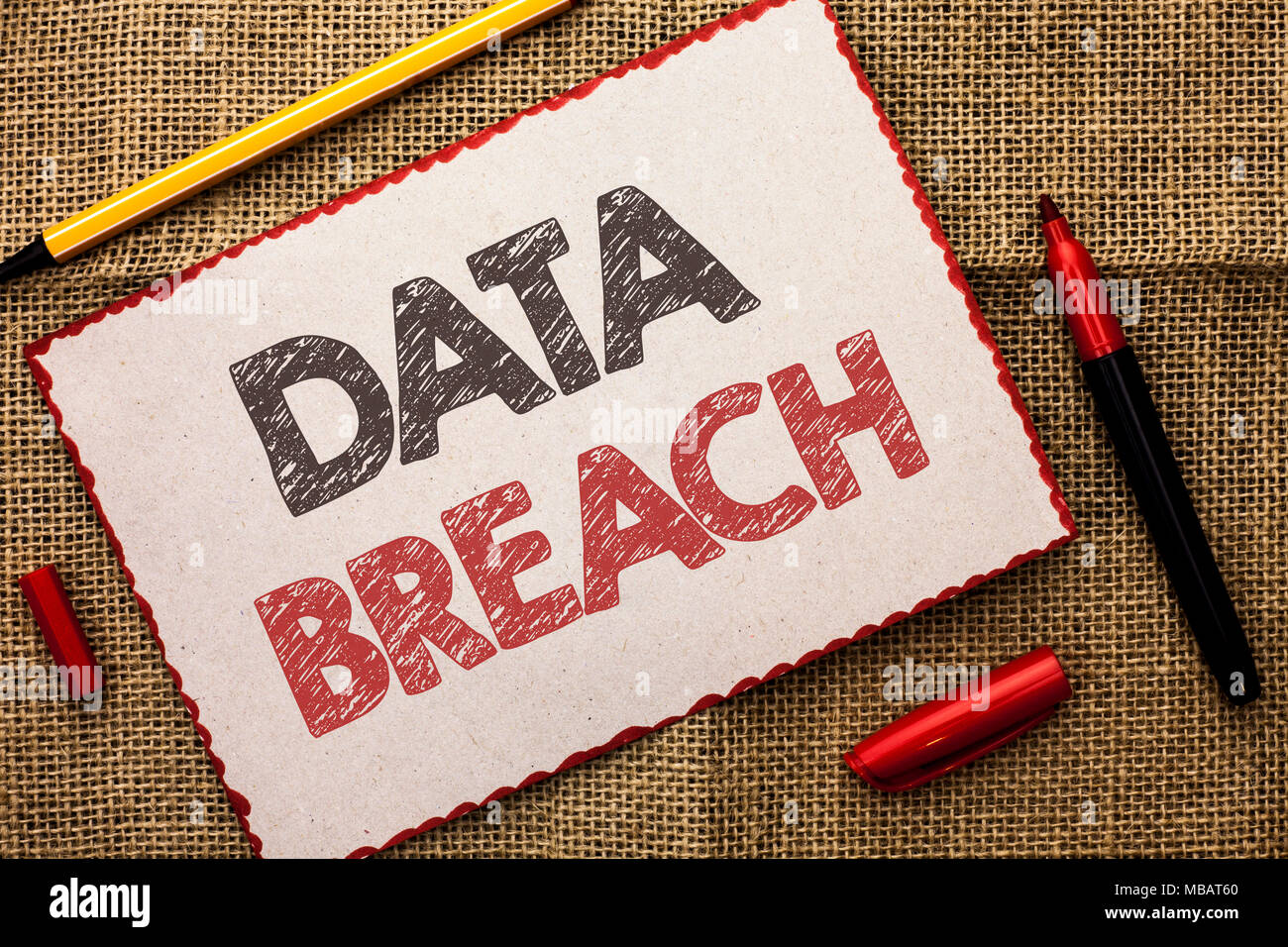 Writing note showing Data Breach. Business photo showcasing Stolen ...