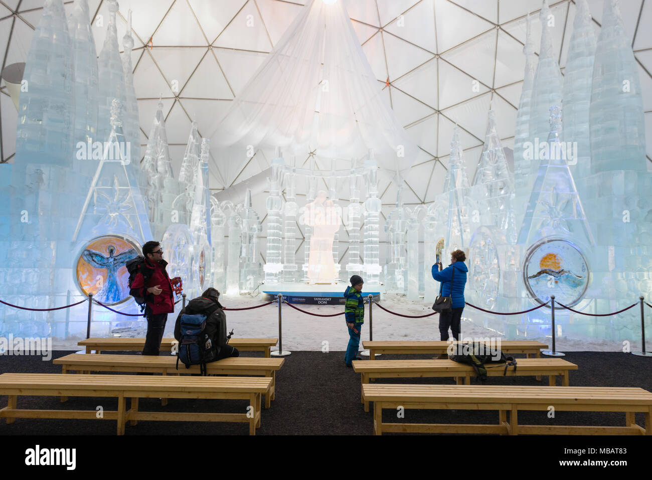 HREBIENOK, SLOVAKIA - APR 7, 2018: Tourists admire Unique Tatra Temple ...