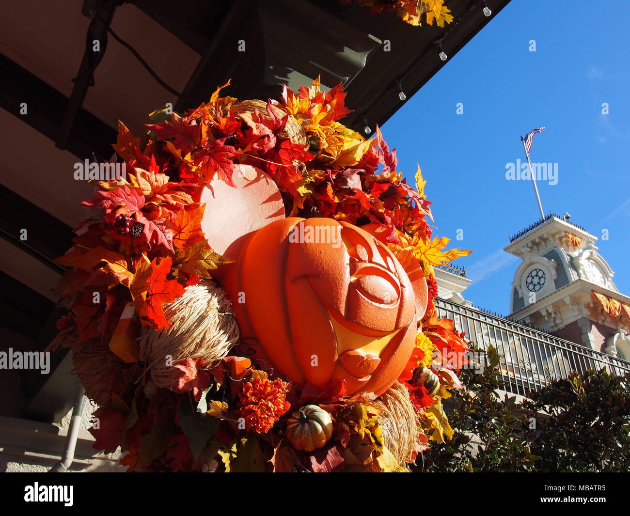 Fall decorations at entrance to Walt Disney World Magic Kingdom ...