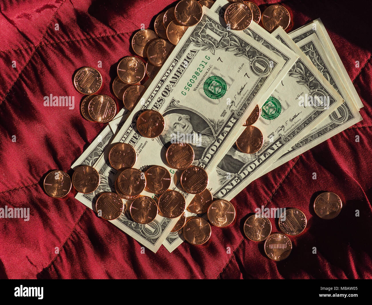 One Dollar banknotes and One Cent coin money (USD), currency of United ...