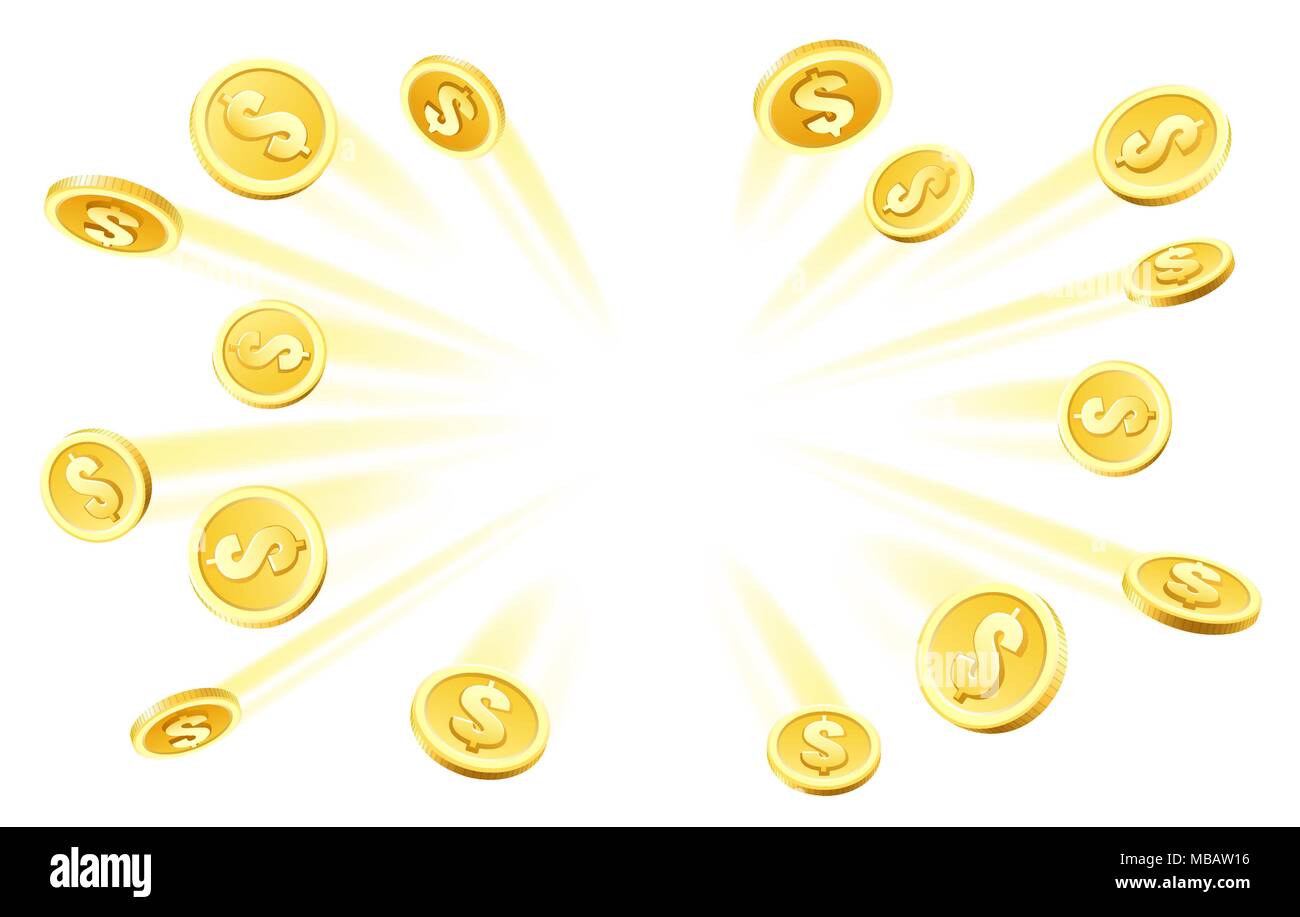 Coins explosion. Gambling gold rain, dollar coins heap money explosion ...