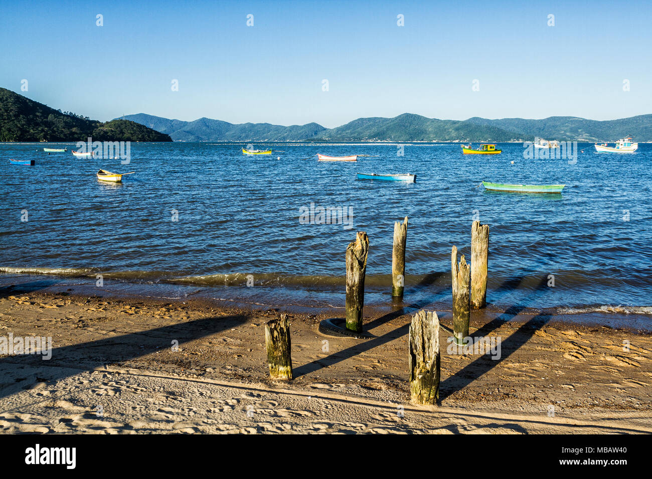 Boats moored at Enseada do Brito. Palhoca, Santa Catarina, Brazil Stock ...