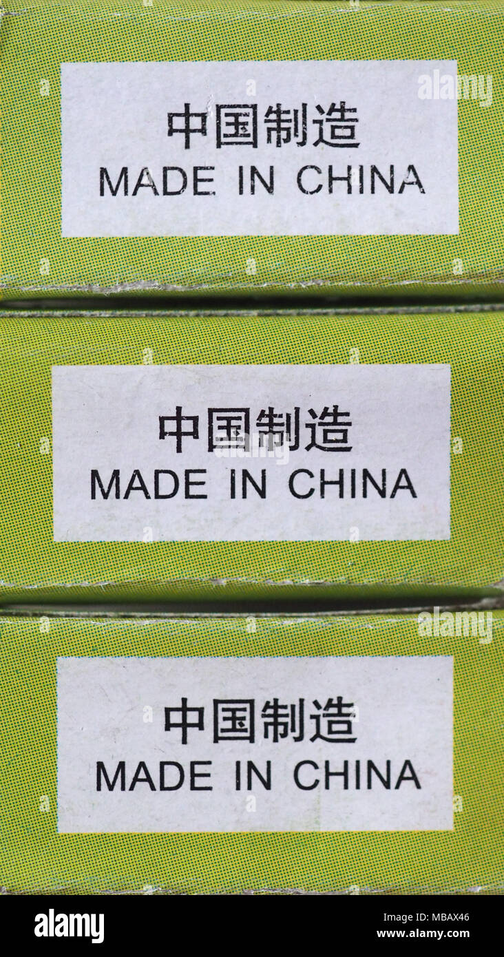 Made in China label written on a packet in English and in Simplified ...