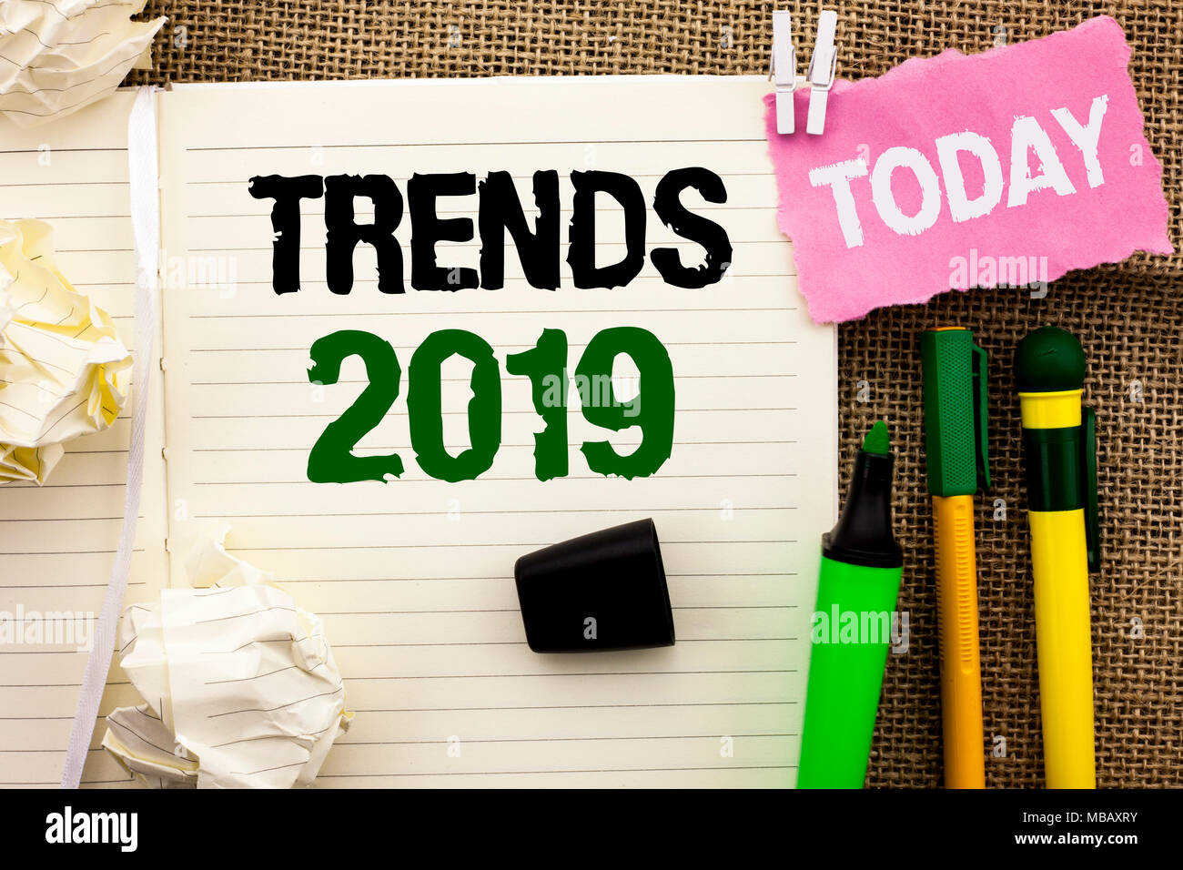 Writing note showing Trends 2019. Business photo showcasing Current ...