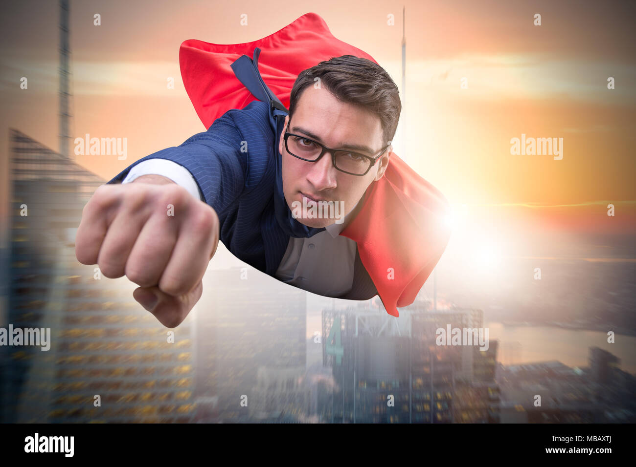 Flying super hero over the city Stock Photo - Alamy