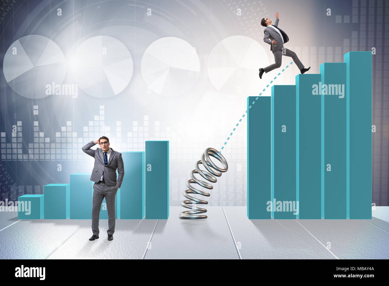 Business people jumping over bar charts Stock Photo - Alamy