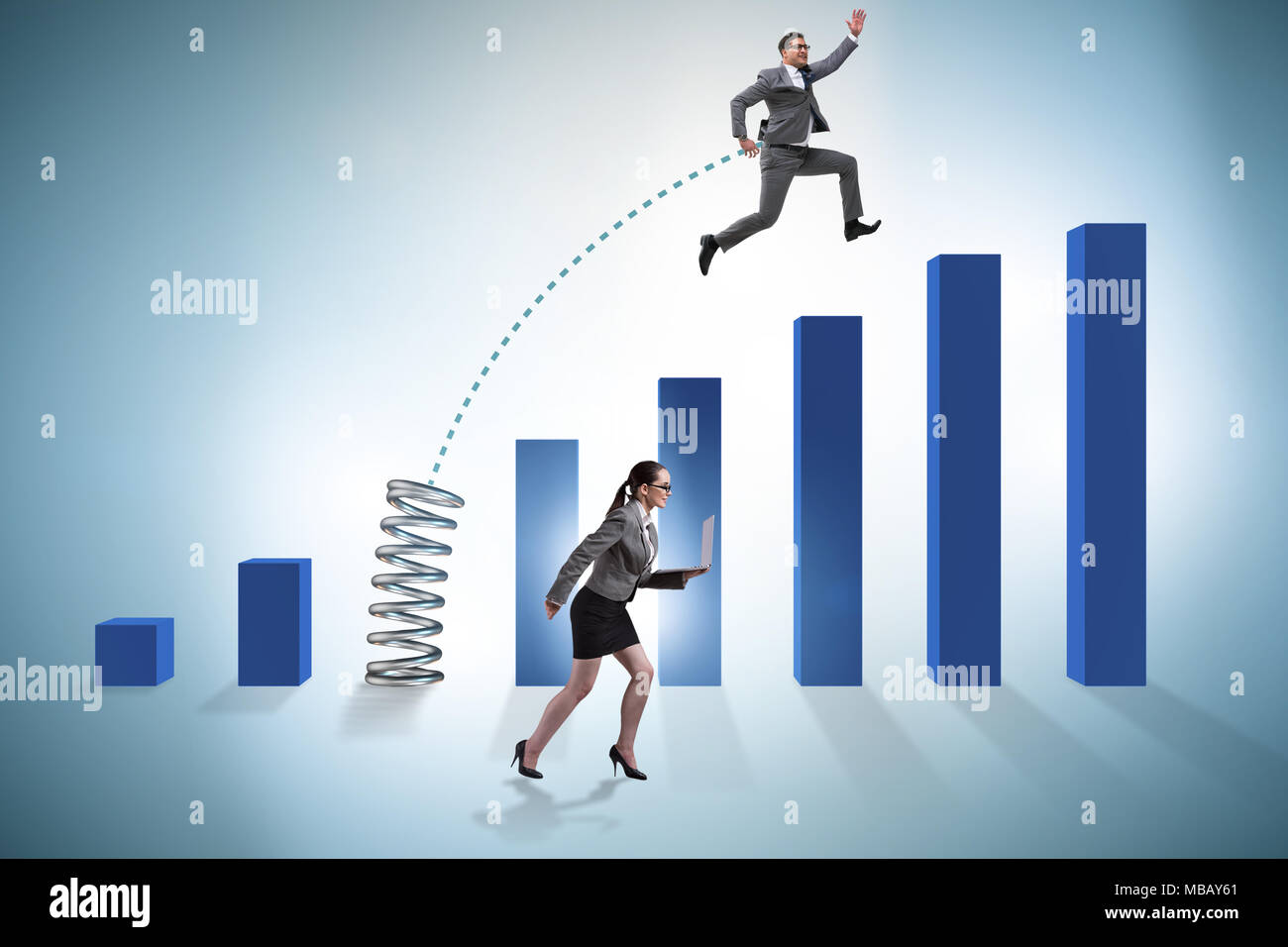 Business people jumping over bar charts Stock Photo - Alamy