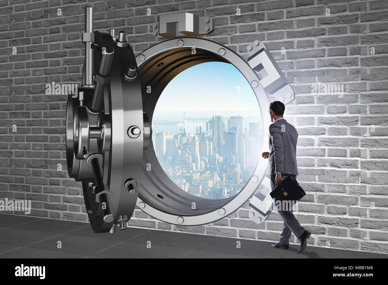 Businessman looking for freedom at the exit Stock Photo - Alamy