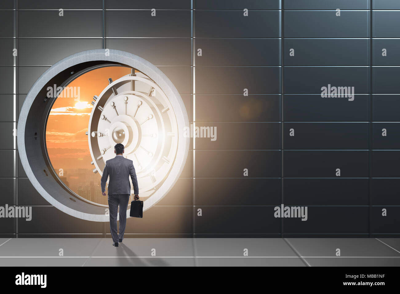 Businessman looking for freedom at the exit Stock Photo - Alamy