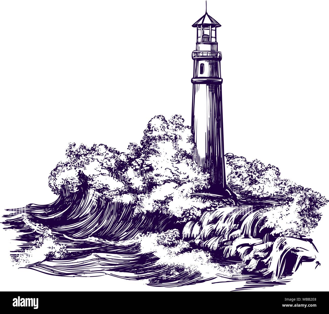 lighthouse and sea landscape, storm hand drawn vector illustration ...