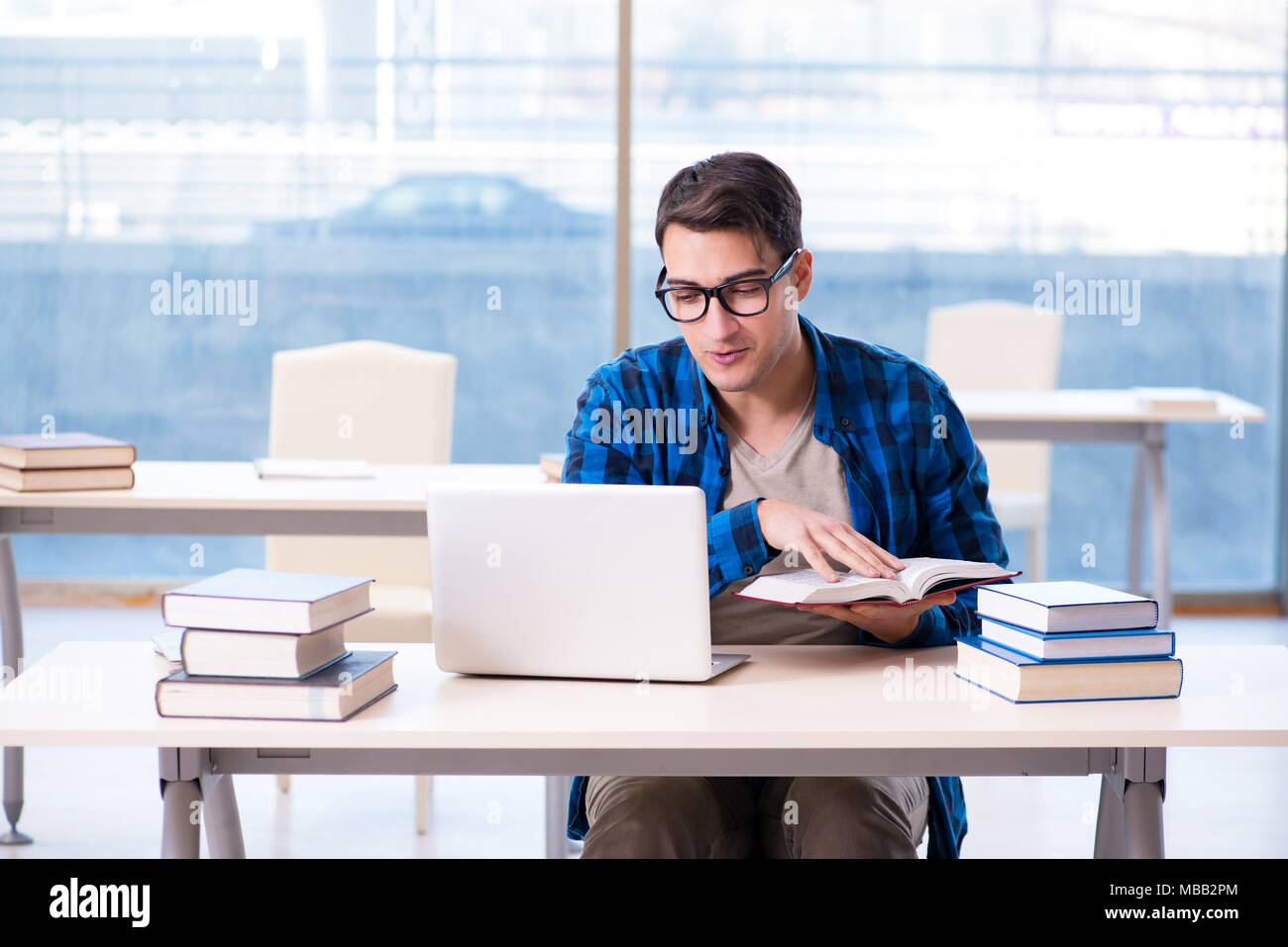 Student in telelearning distance learning concept reading in library ...