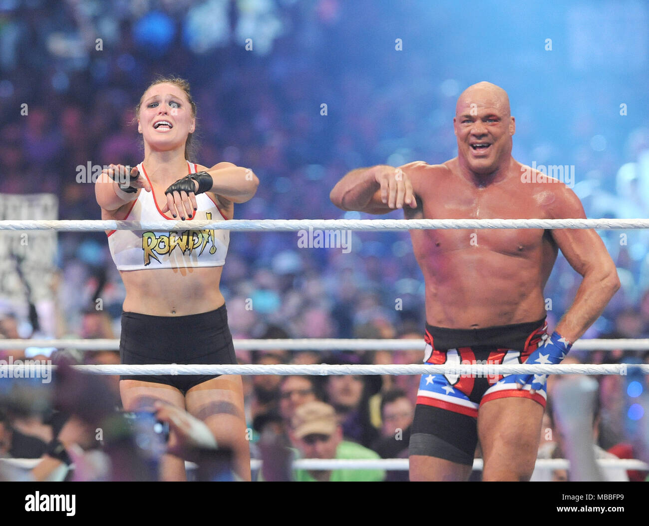 New Orleans, LA, USA. 8th Apr, 2018. Ronda Rousey and Kurt Angle at WWE ...