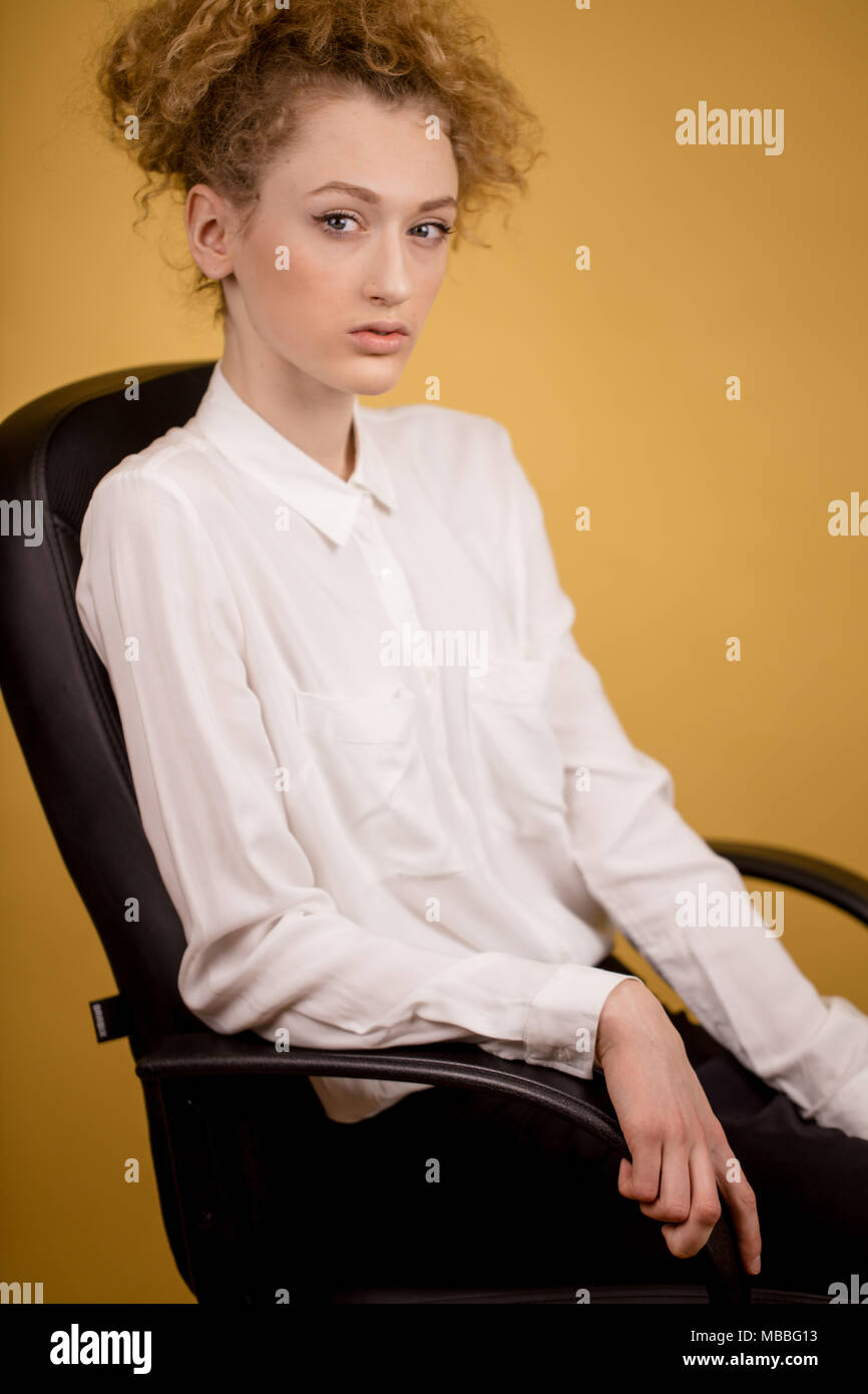 side view cropped photo of serious woman came in for an interview Stock ...