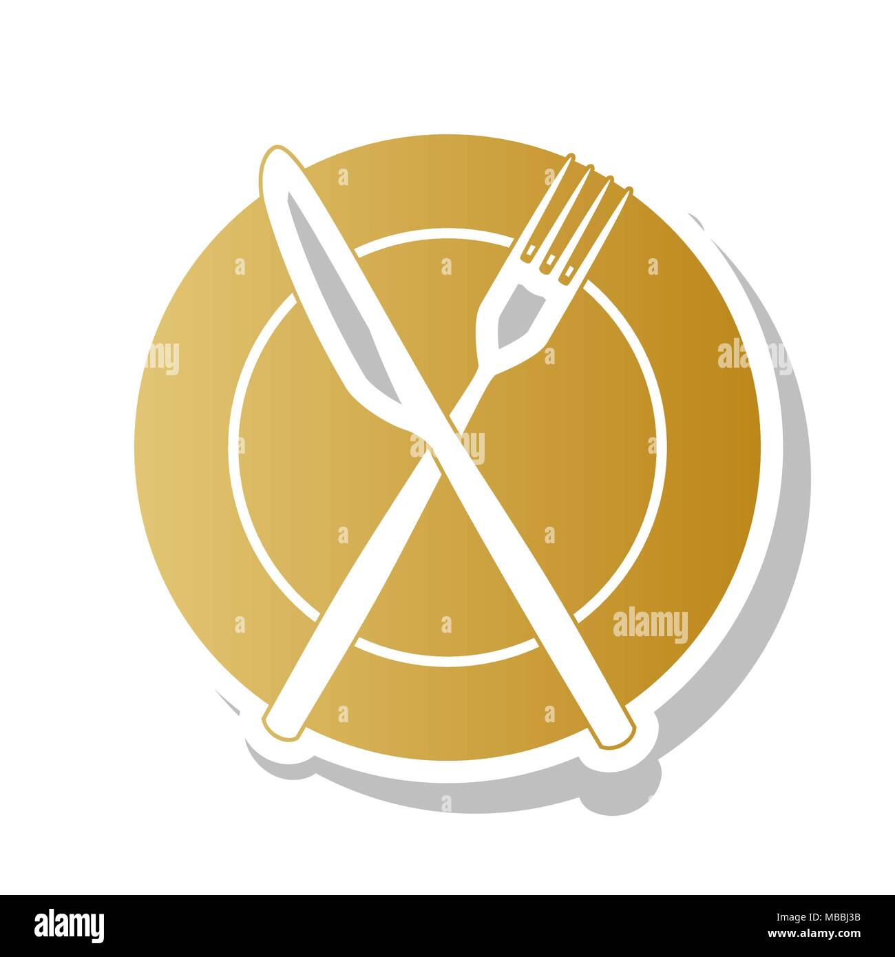 Fork, Knife and Plate sign. Vector. Golden gradient icon with white ...