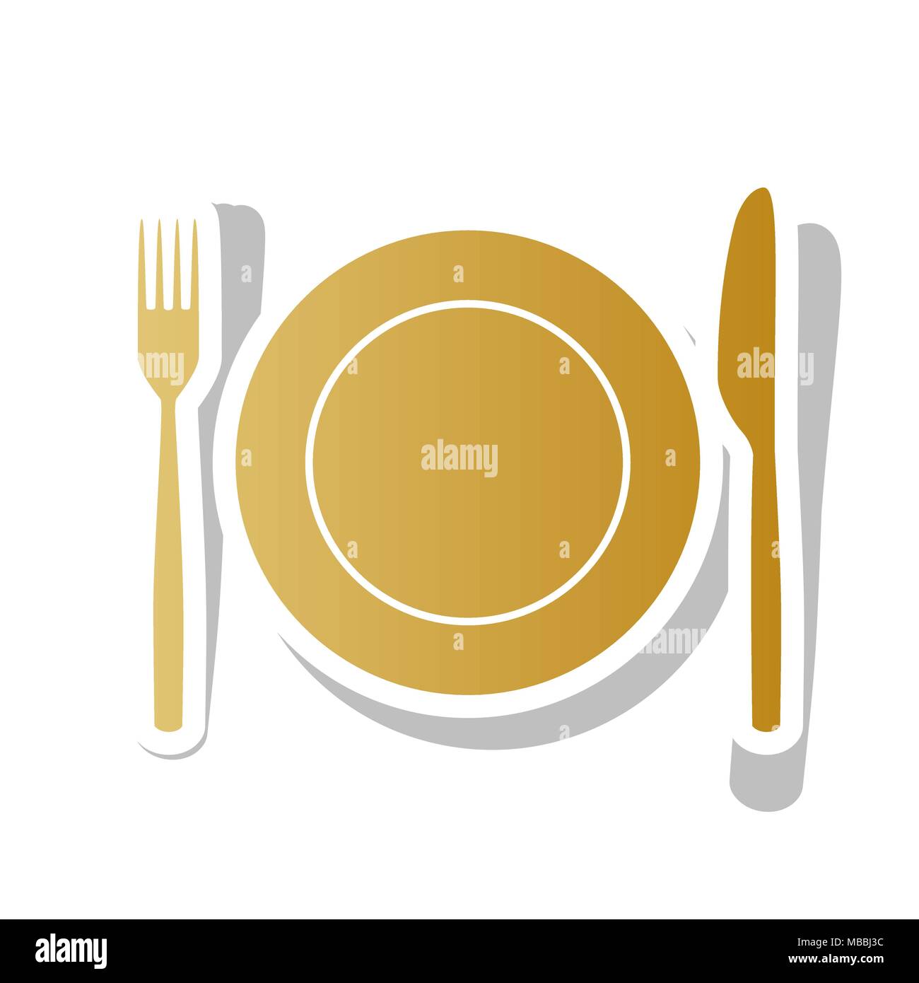 Fork, Knife and Plate sign. Vector. Golden gradient icon with white ...