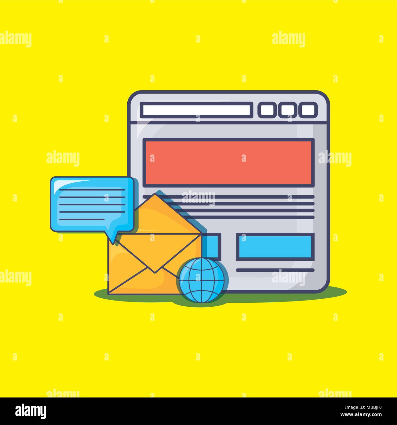 email marketing design with web interface and envelope over yellow ...