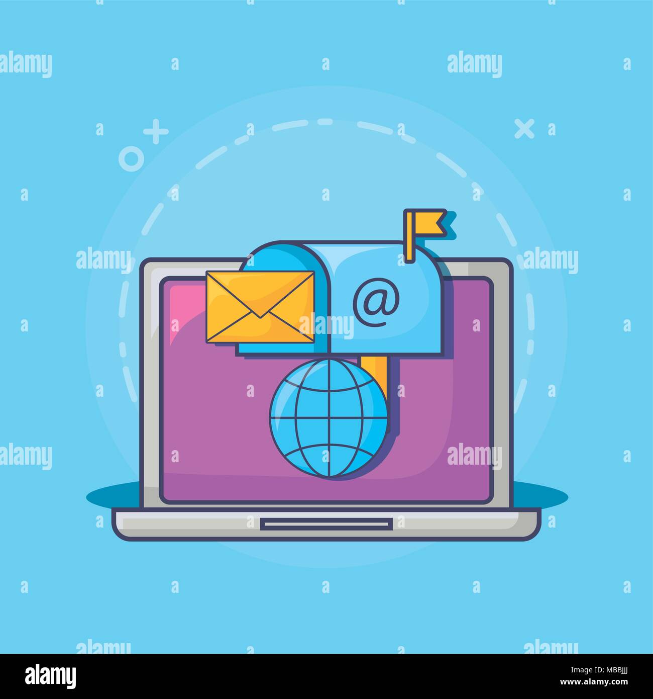 Laptop computer and email marketing related icons over blue backgorund ...