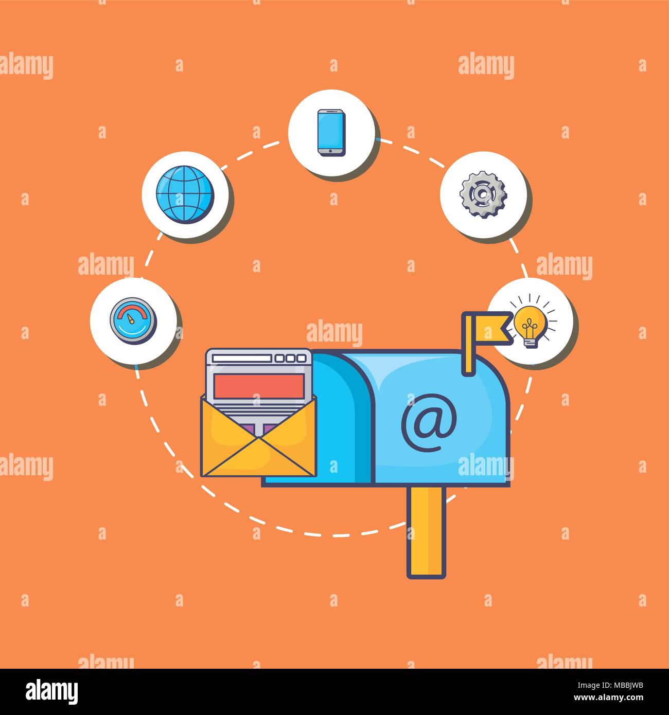 and email marketing related icons over orange background, colorful ...