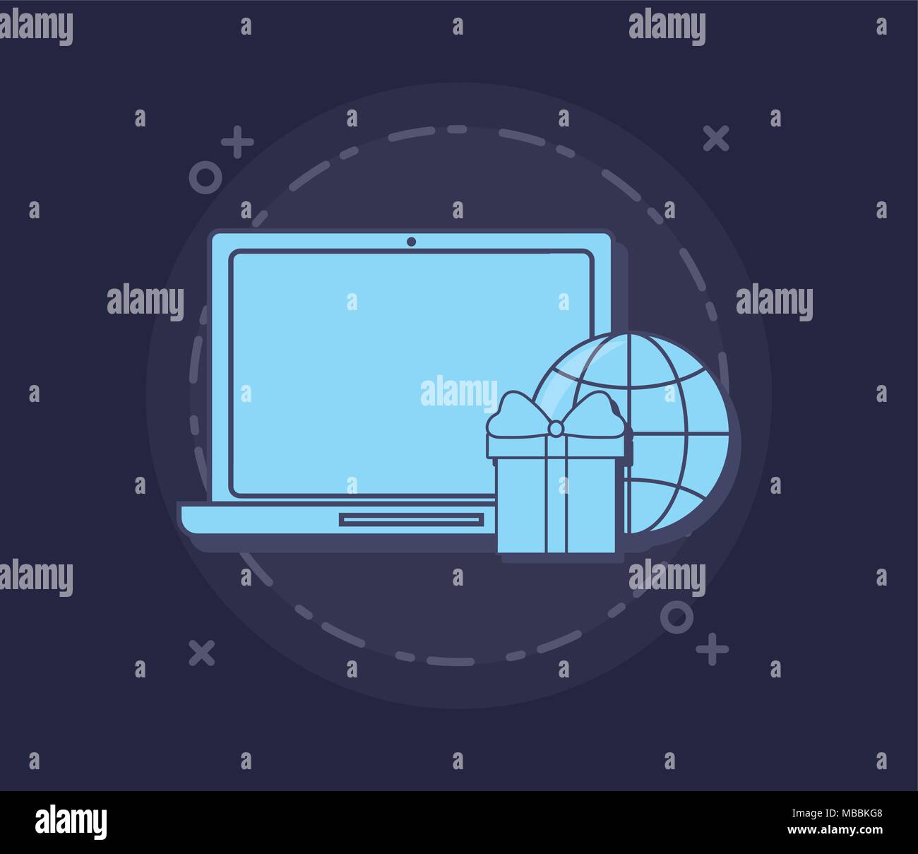 Laptop computer and email marketing related icons over blue backgorund ...