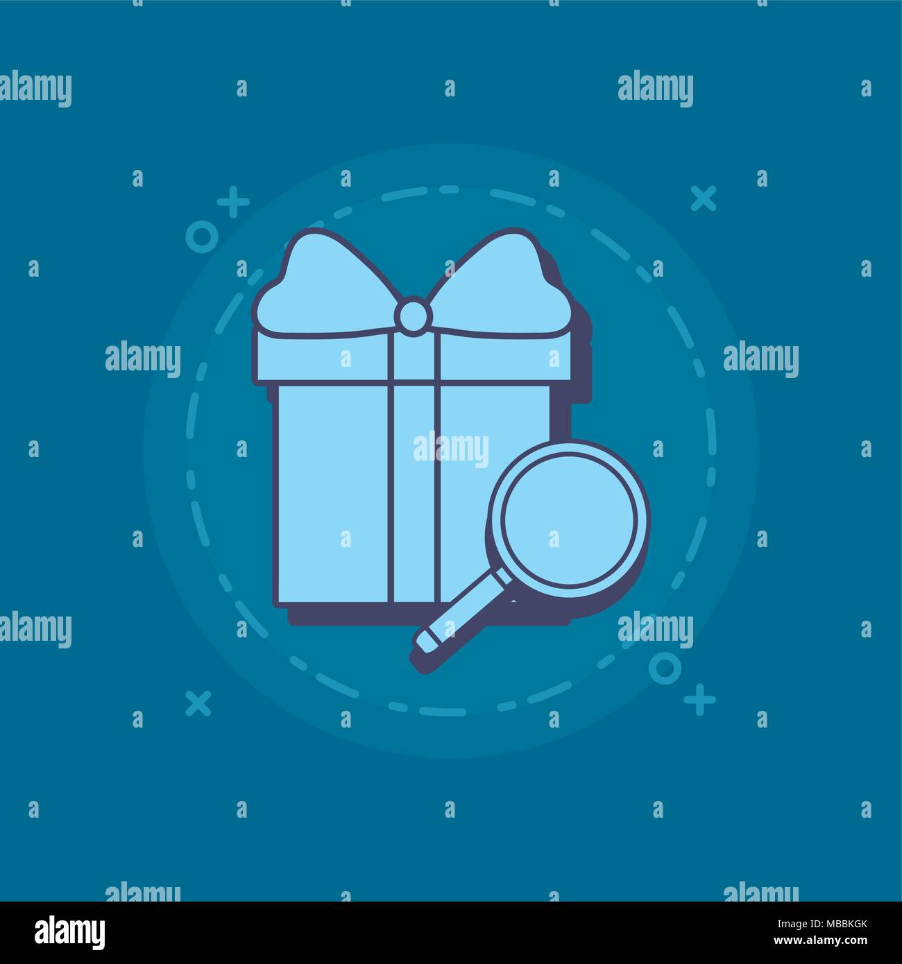 gift box and lupe icons over blue background, colorful design. vector ...