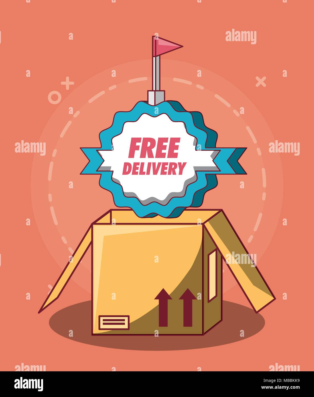 Free delivery emblem with carton box over orange background, colorful ...