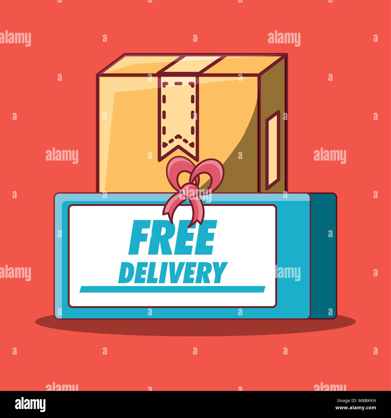 Free delivery emblem with carton box over red background, colorful ...