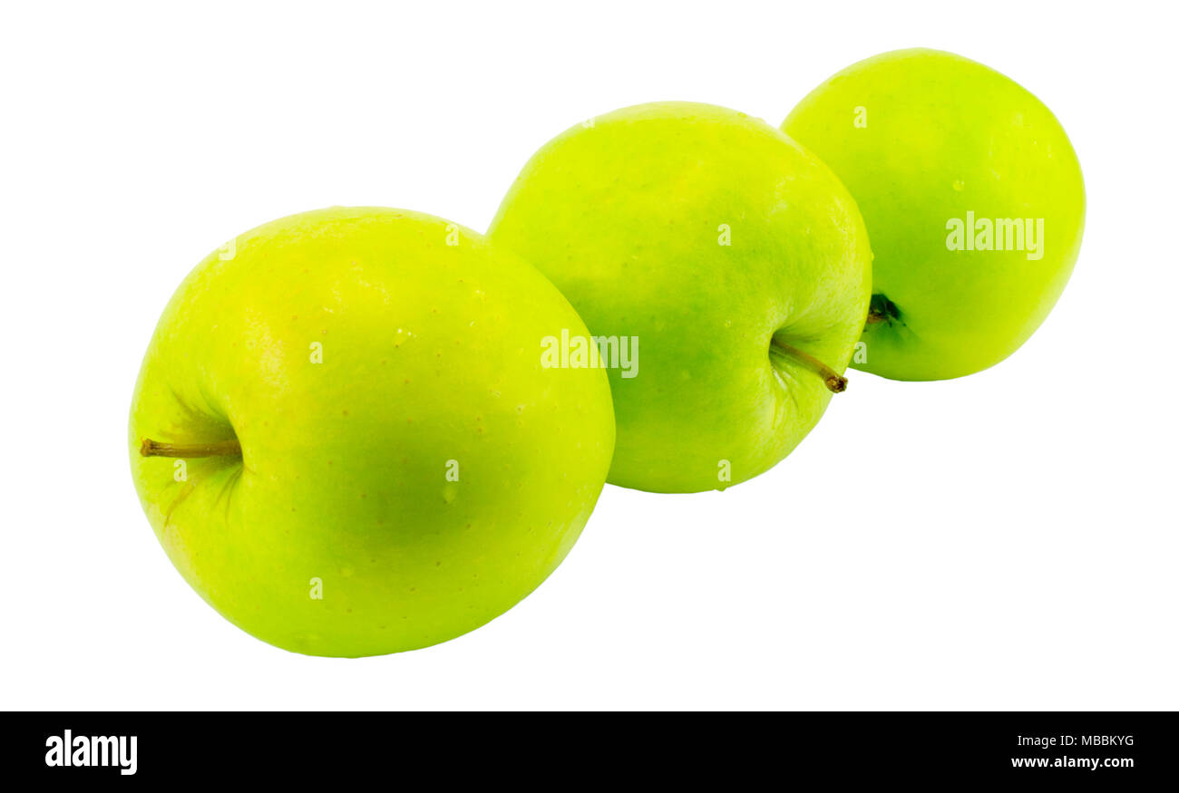 three green apples isolated on white background Stock Photo - Alamy