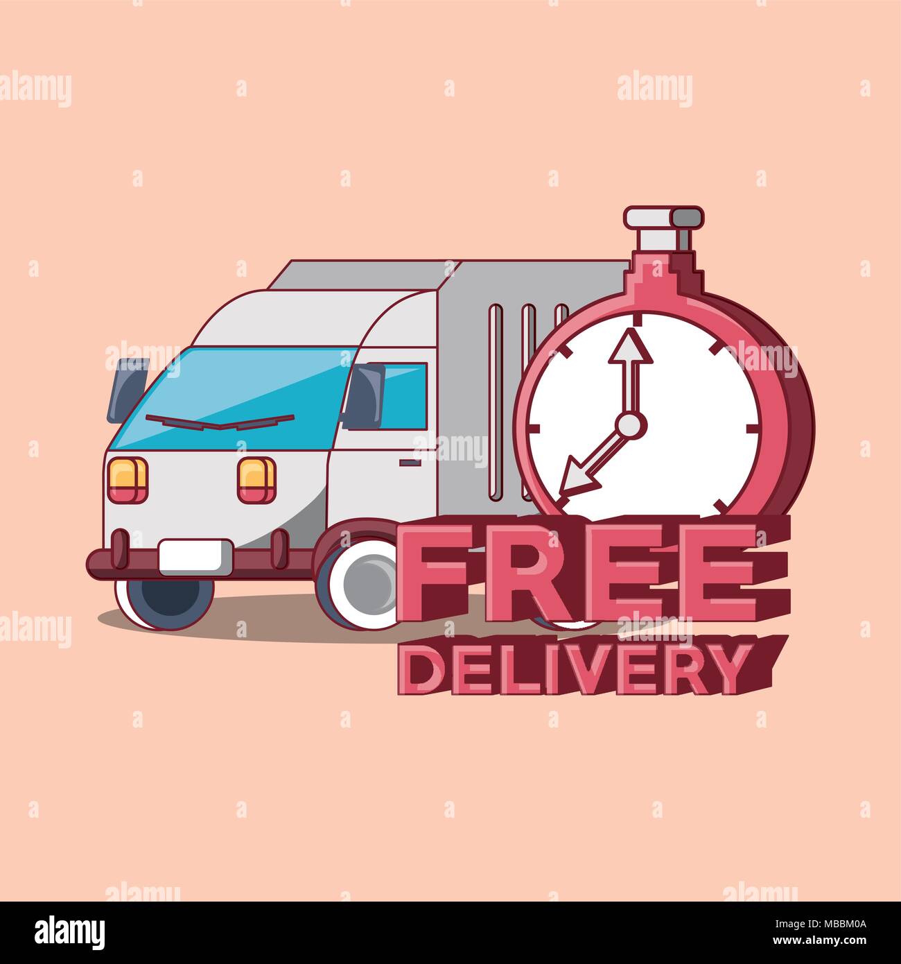 Free delivery design with cargo truck and chronometer over pink ...