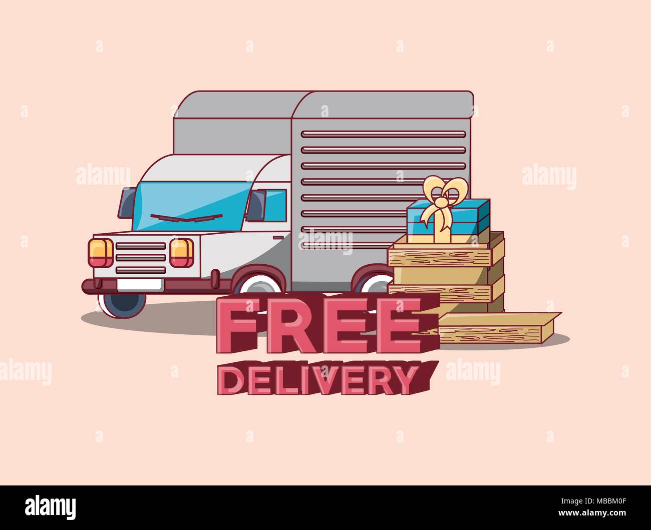Free delivery design with cargo truck and gift box over pink background ...