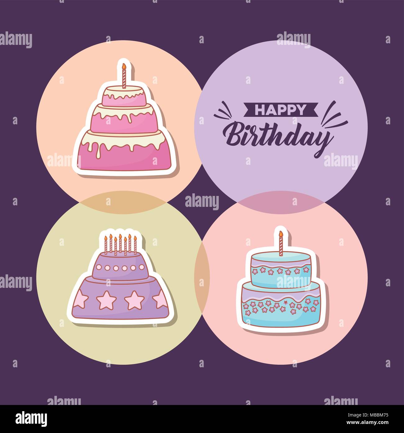 icon set of birthday cakes over colorful circles and purple background ...