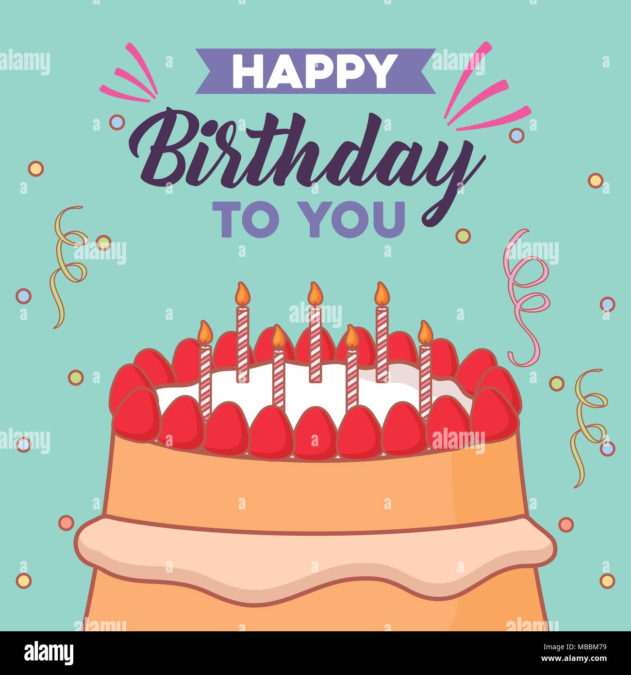 Happy birthday card with birthday cake with candles over turquoise ...