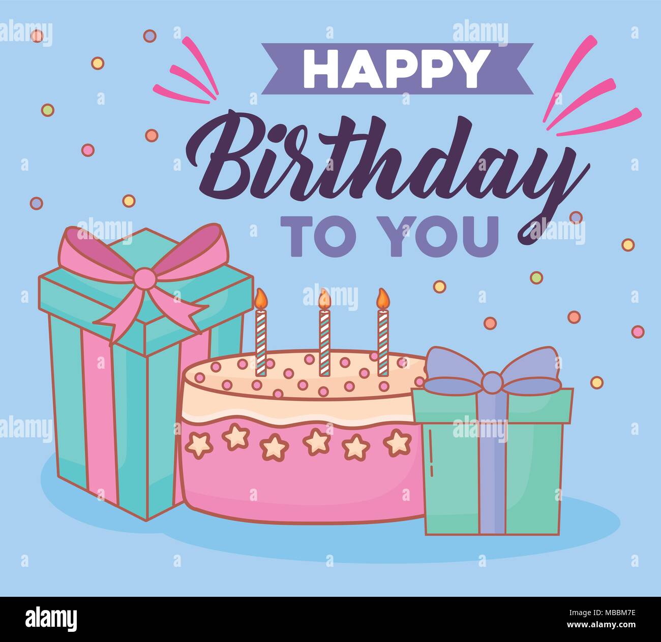 Happy birthday design with gift boxes and birthday cake over blue ...