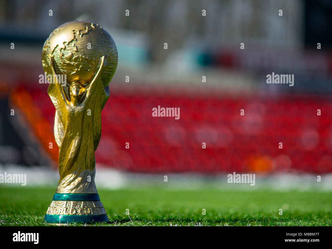 April 9, 2018 Moscow, Russia Trophy of the FIFA World Cup on the green ...