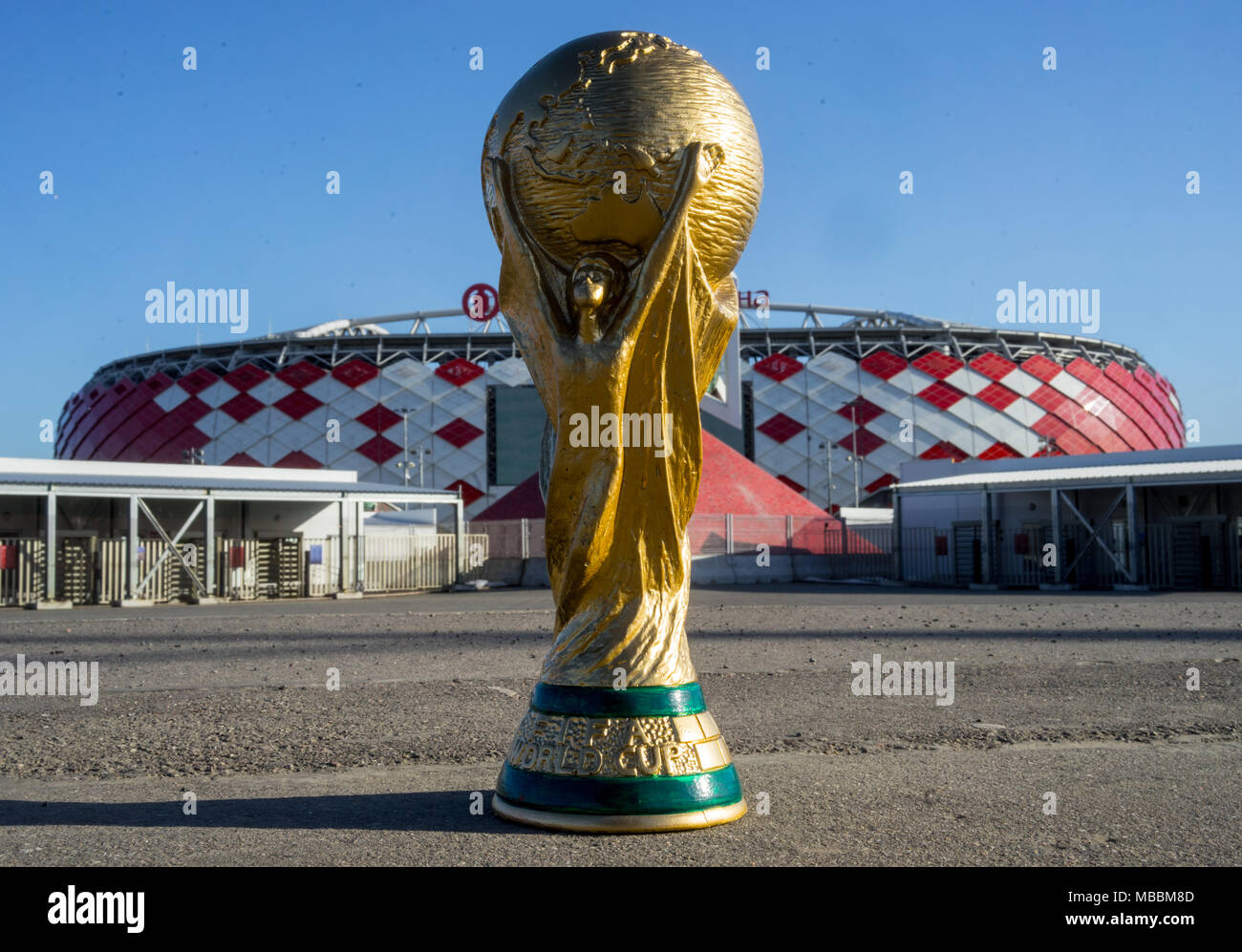 April 9, 2018 Moscow, Russia Trophy of the FIFA World Cup against the ...