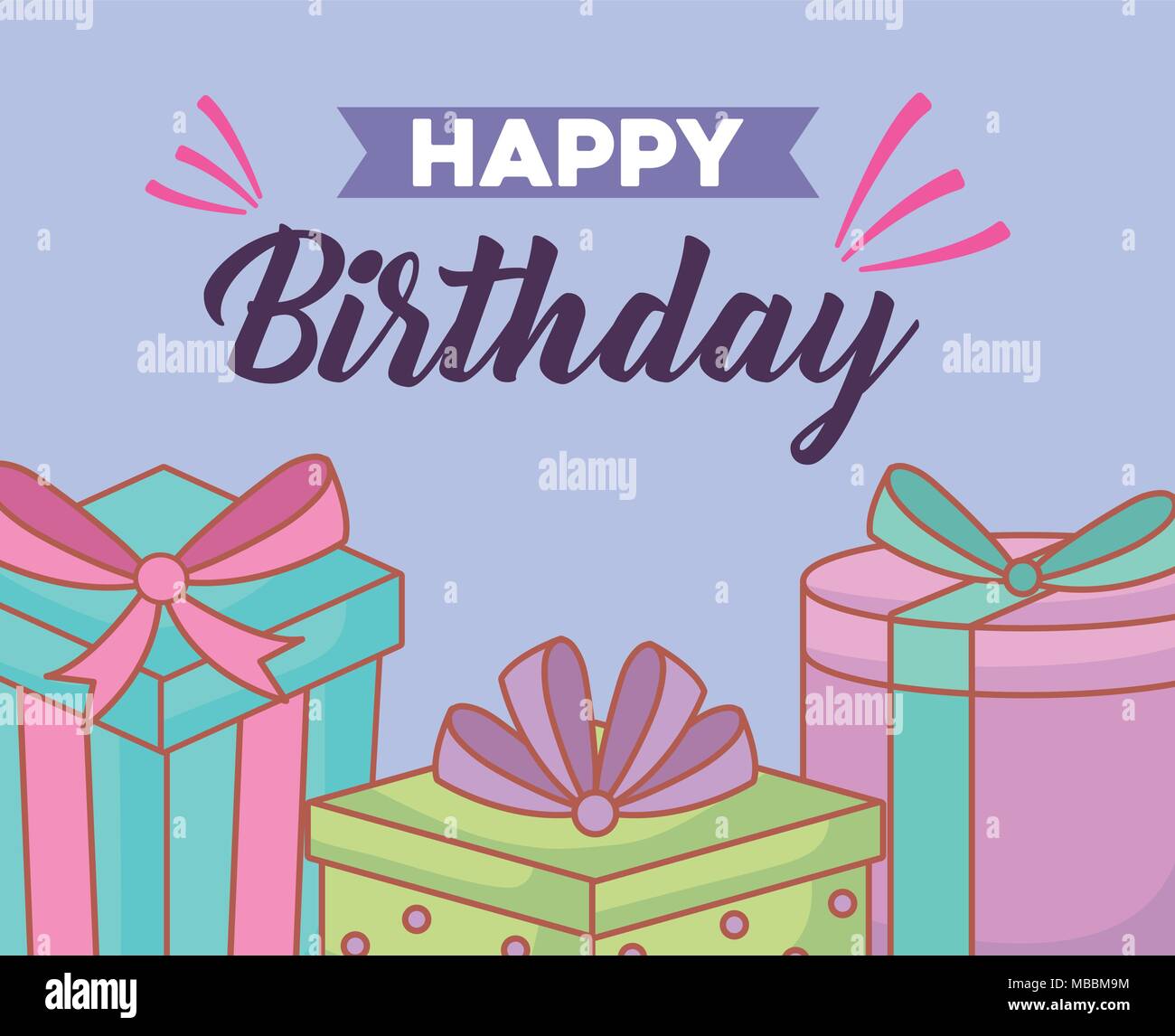 Happy birthday design with gift boxes over purple background, colorful ...