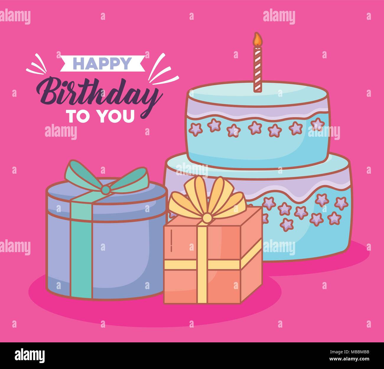 Happy birthday design with gift boxes and birthday cake over pink ...