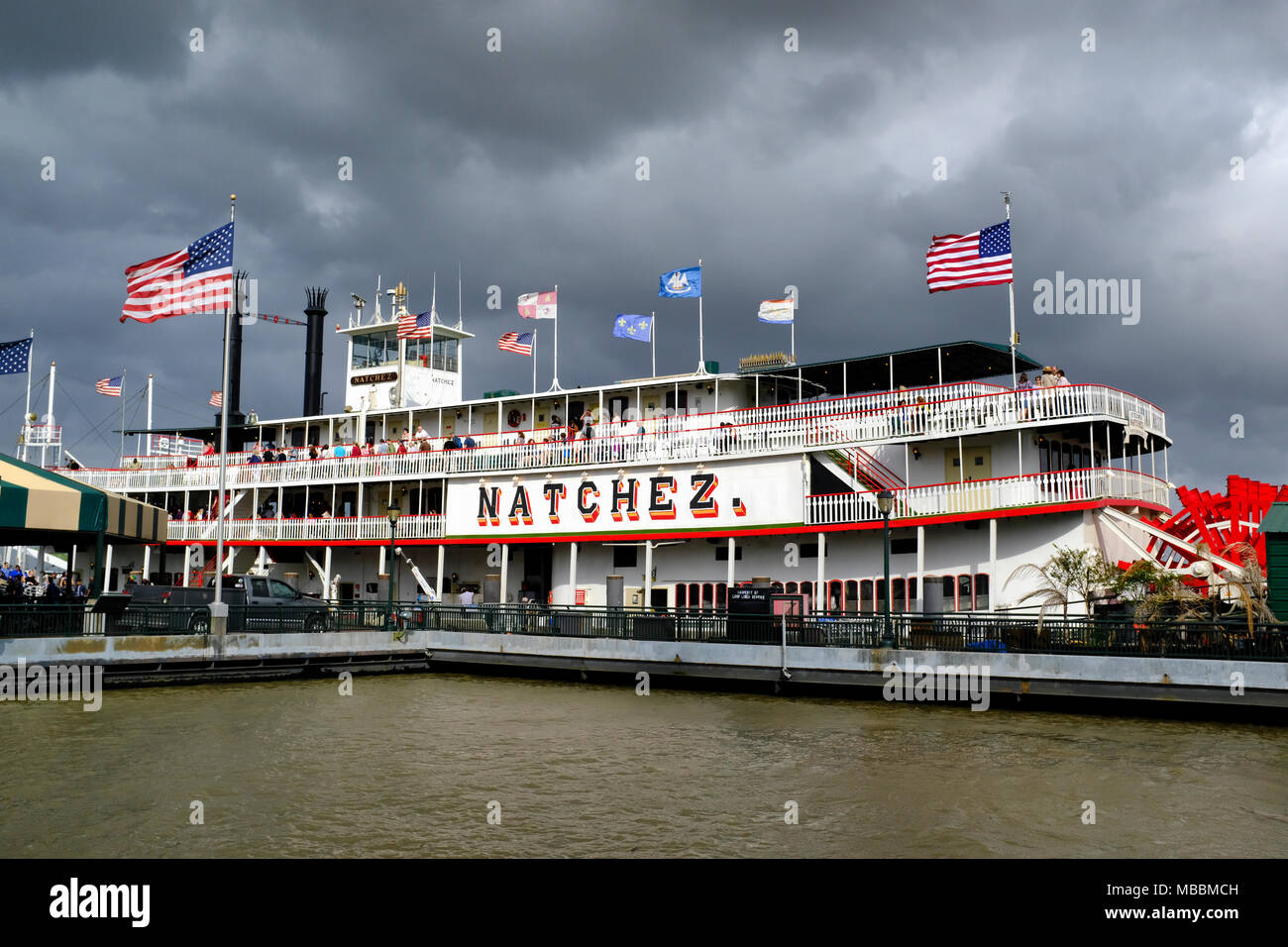 The steamship Natchez docked on the Mississippi River in New Orleans ...