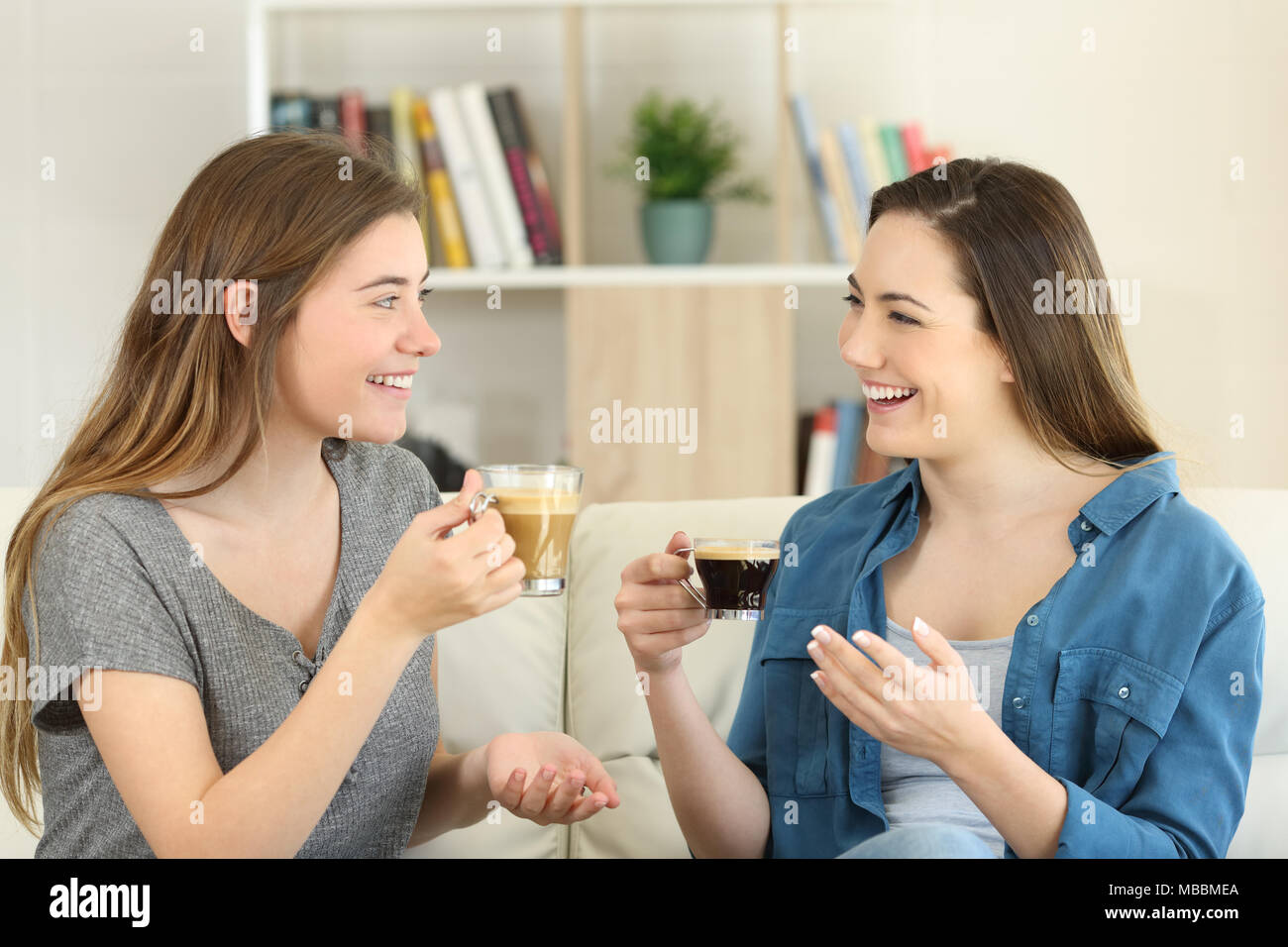 Two happy friends talking and drinking coffee sitting on a couch in the ...