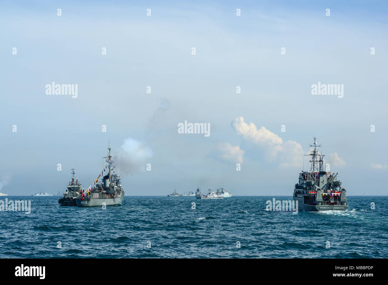 Pattaya, Thailand - November 18, 2017, Navy warships gunning salute on ...