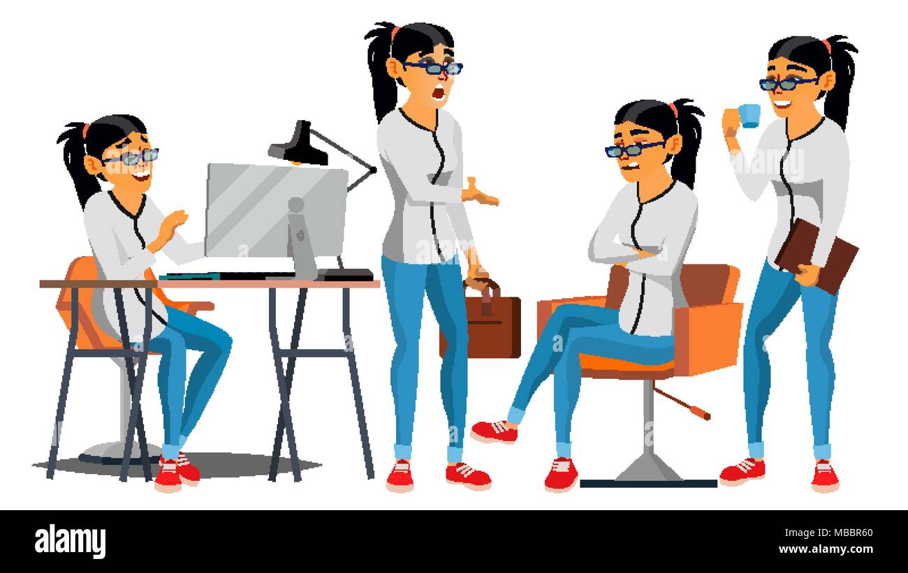 Business Woman Character Vector. Working Asian Woman. Team Room ...