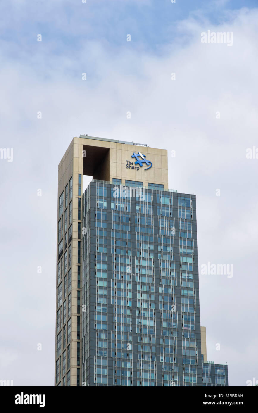 SongDo, KOREA - July 29, 2014: POSCO The Sharp building in Songdo ...