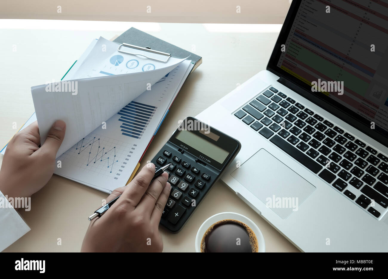 Close up businessman using calculator on documents Unrecognizable ...