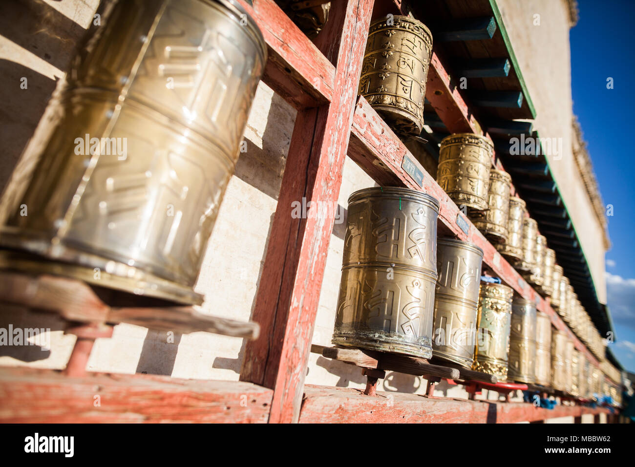 Spinning Buddhist prayer drums at a monastery in Mongolia Stock Photo ...