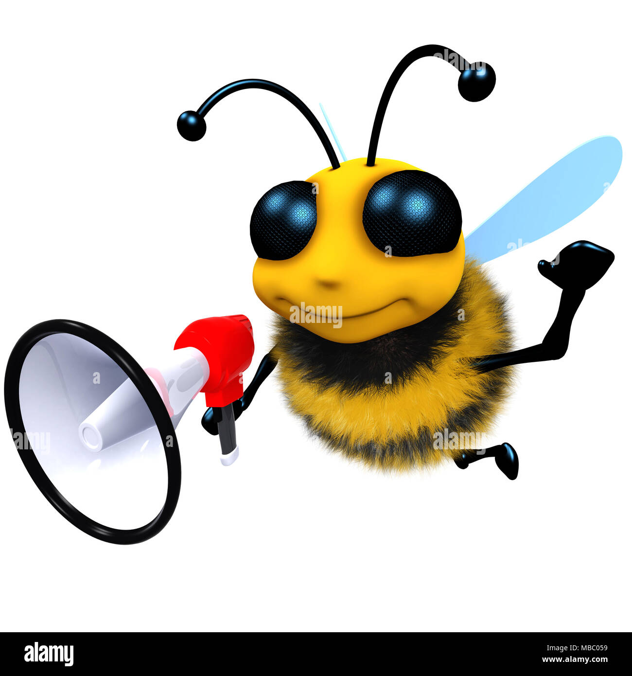 3d render of a funny cartoon honey bee character using a megaphone ...