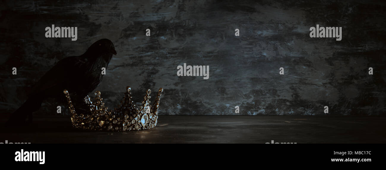 low key image of beautiful queen/king crown and black crow. fantasy ...