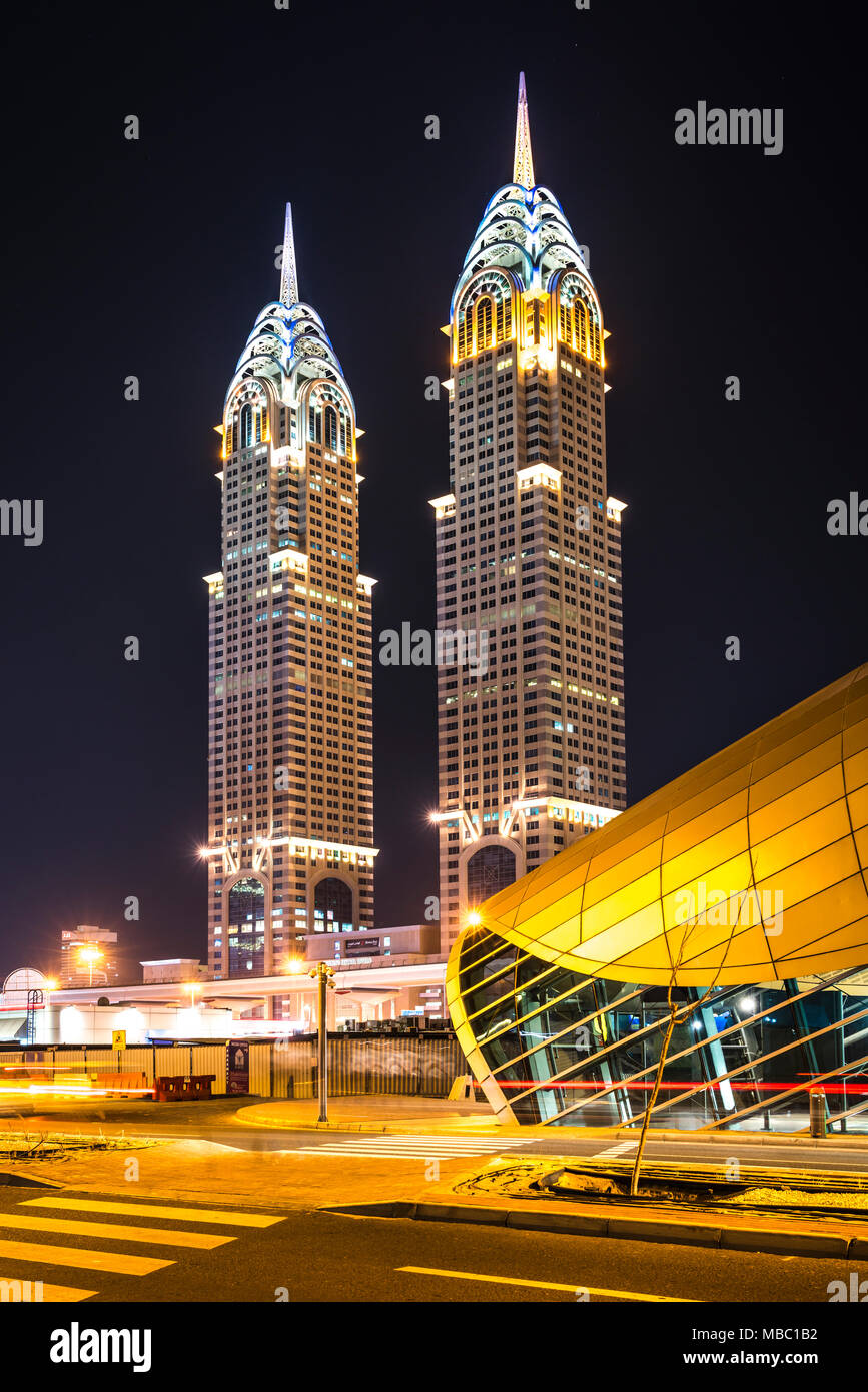 Tall buildings in the Al Barsha district of Dubai at night, UAE, Middle ...