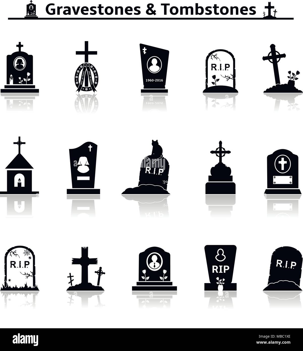 Gravestones and tombstones icons with reflection on a white background. Vector illustration ...