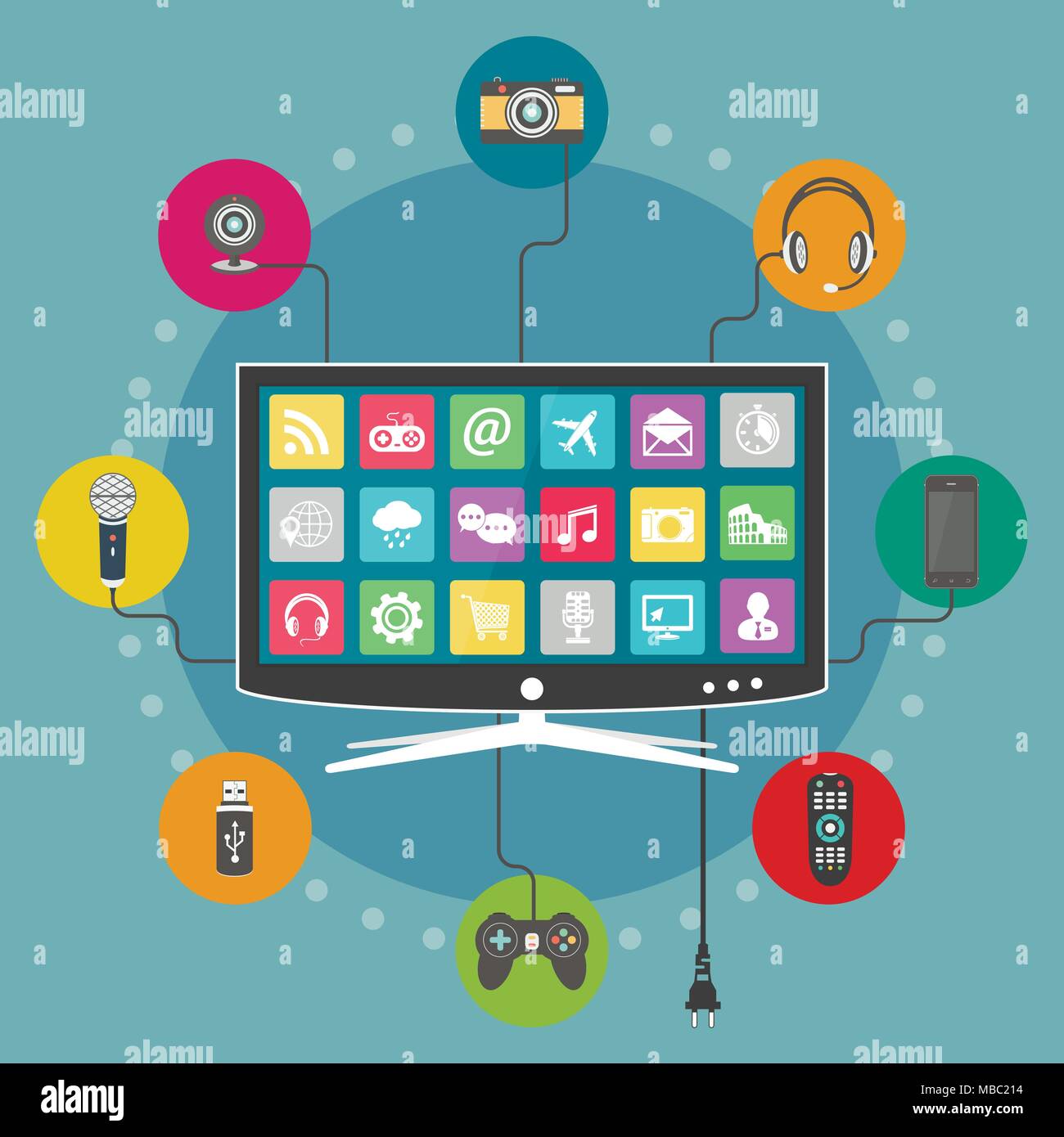 Smart TV flat design. Modern digital devices connected to a television ... Smart TV flat design. Modern digital devices connected to a television ...