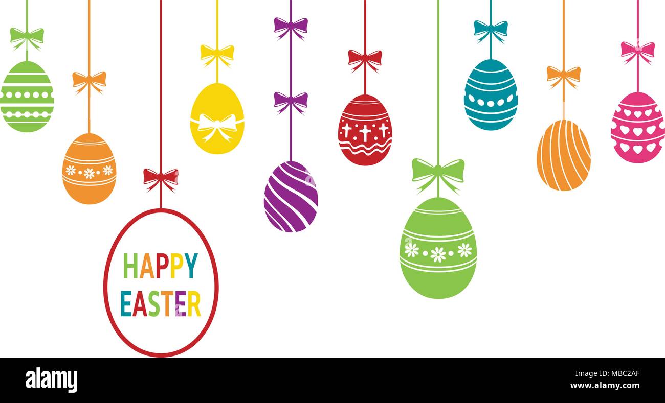 Hanging colored easter eggs ornaments. Easter holiday background ...